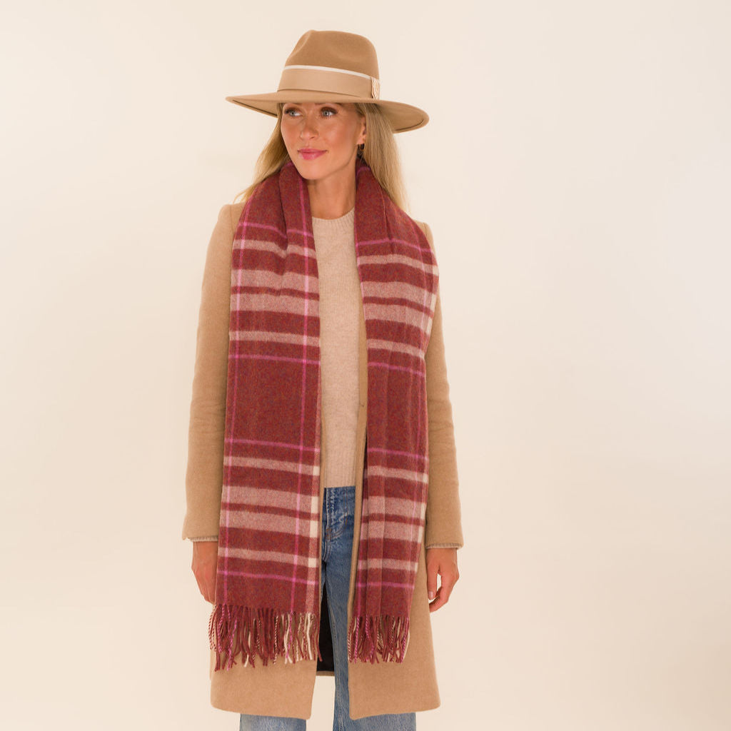 The Fornham Lambswool Scarf in Mulberry Red Check – Hicks & Brown