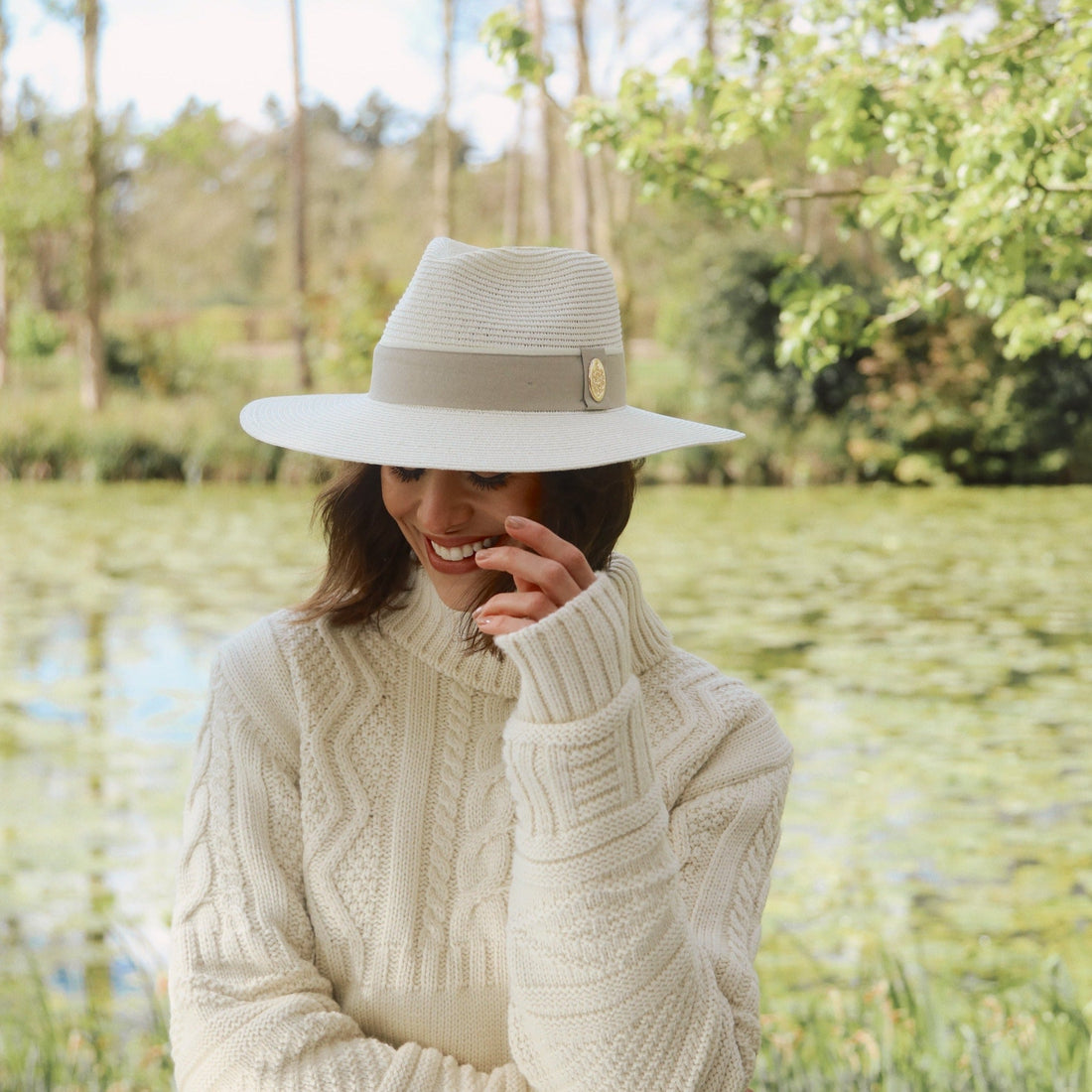Cream White Hemley Summer Fedora, Grey Ribbon - Hicks & Brown