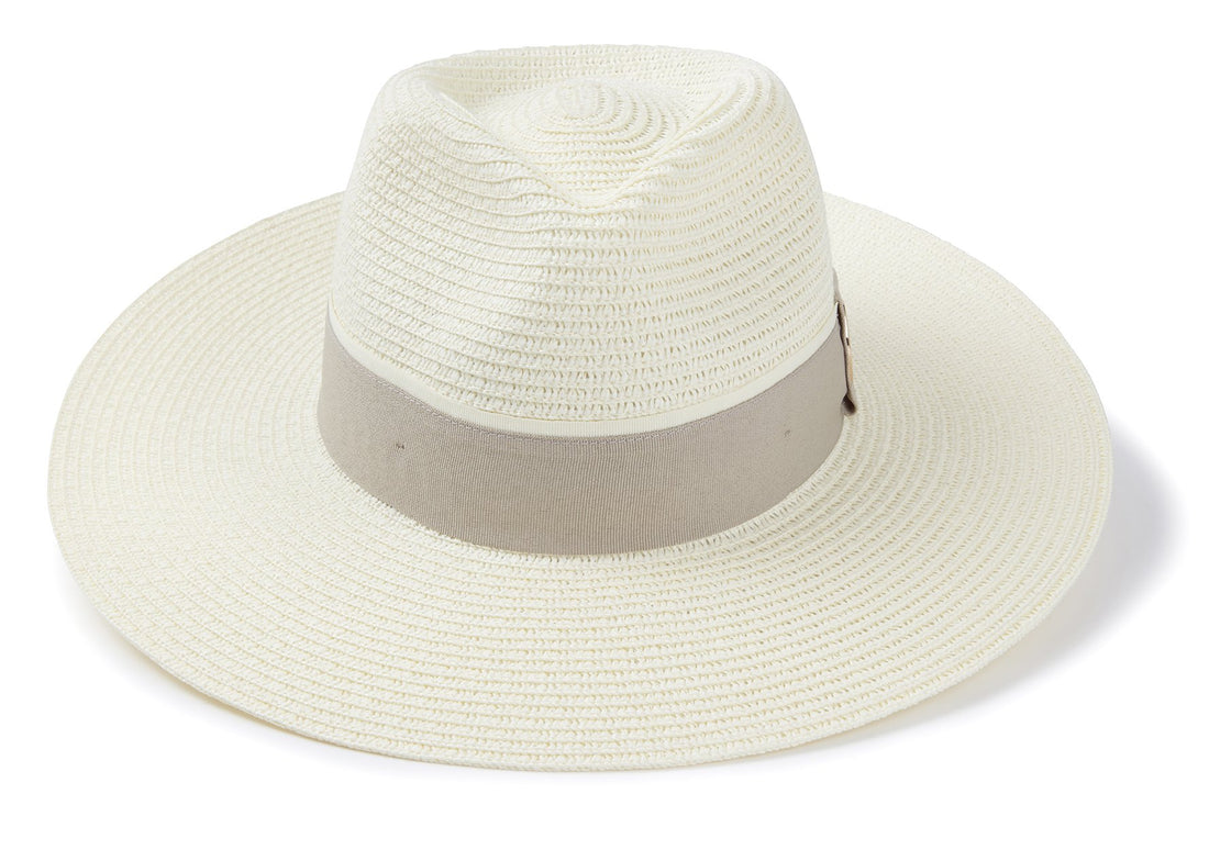 Cream White Hemley Summer Fedora, Grey Ribbon - Hicks & Brown